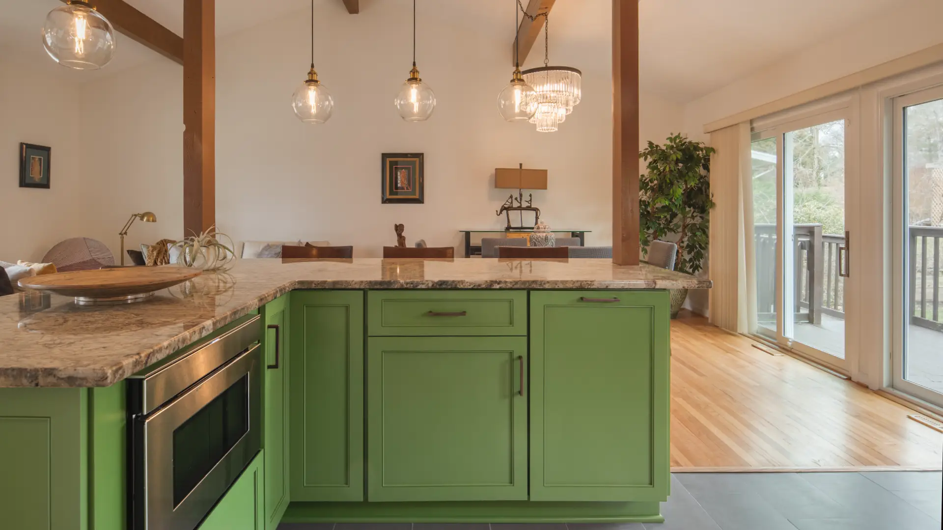 Natural Wood Cabinets with a Brown Glaze and Green Peninsula with Tan ...